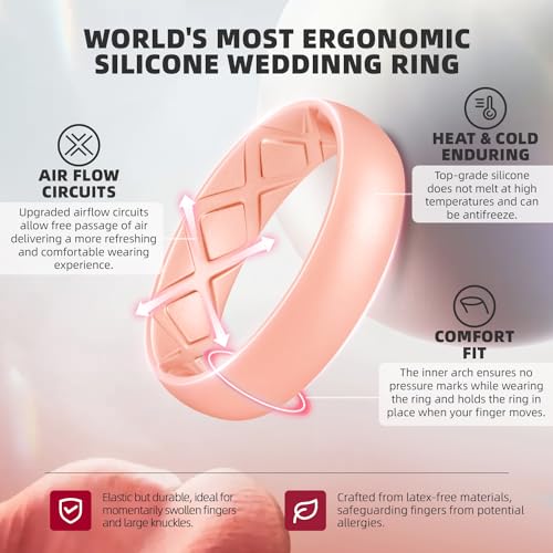 Egnaro Inner Arc Ergonomic Breathable Design, Silicone Rings for Women with half sizes, Women's Silicone Wedding Band,5mm Wide-2mm Thick