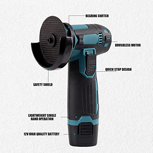 Weytoll 12V Cordless Brush Angle Grinder Kit, Grinding Disc 3/76mm, 19500rpm Electric Grinding Tool Mini Grinder Handheld Cutter with 2pcs 12V1300mAh Batteries and 6 Cutting Discs, Blue