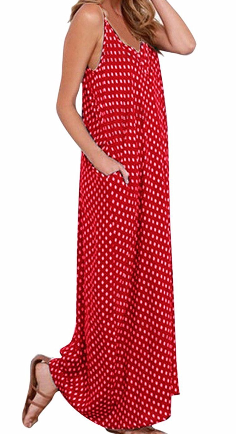 LILBETTER Women V-Neck Polka Dot Print Spaghetti Strap Boho Long Maxi Dresses (Red,Medium)