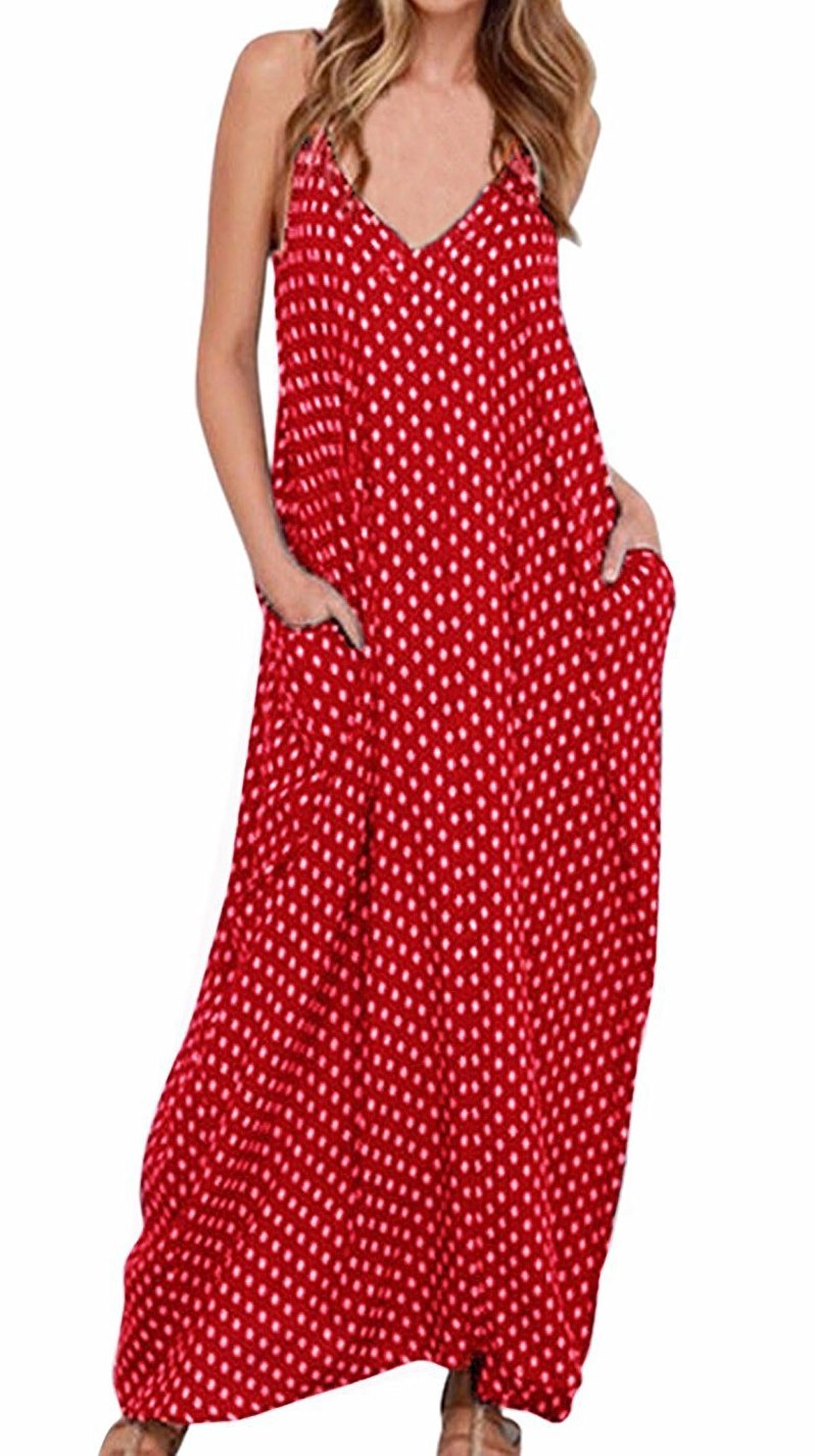 LILBETTER Women V-Neck Polka Dot Print Spaghetti Strap Boho Long Maxi Dresses (Red,Medium)