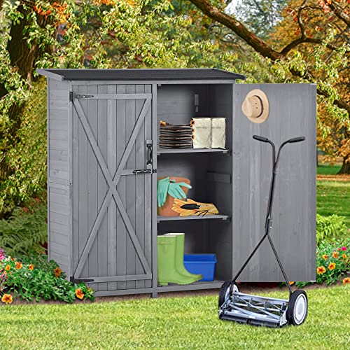 5.3 x 4.6 FT Outdoor Storage Shed, Wood Garden Shed with Lockable Doors, Tool Cabinet with Waterproof Asphalt Roof for Patio Lawn Backyard Garden, Gray