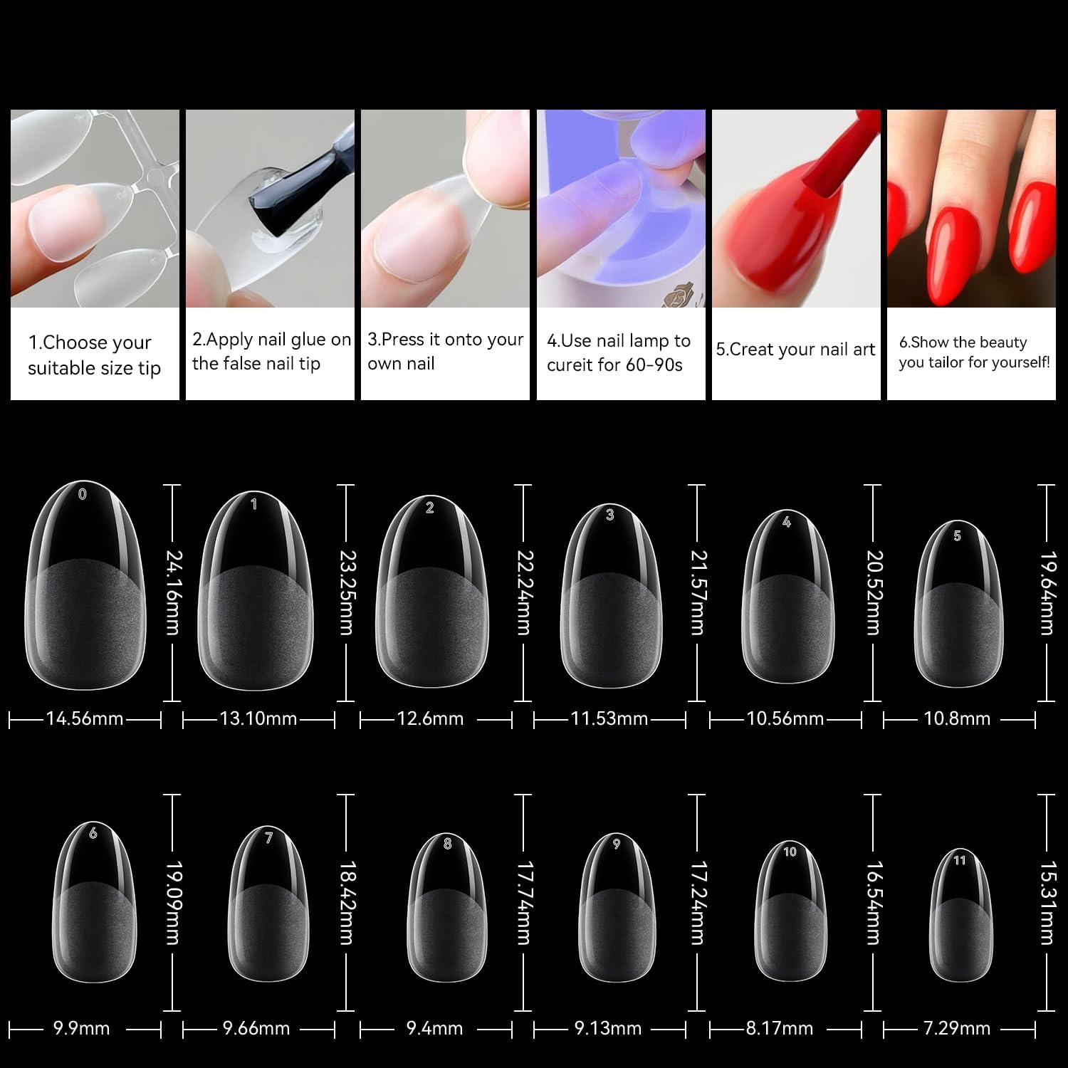 UNA GELLA Oval Fake Nails Pre-shape 504pcs Almond Gel Nail Tips Round Almond Press on Nails for Full Cover Acrylic Round Oval Full Nails False Nails 12 Sizes False Soft Gel Tips
