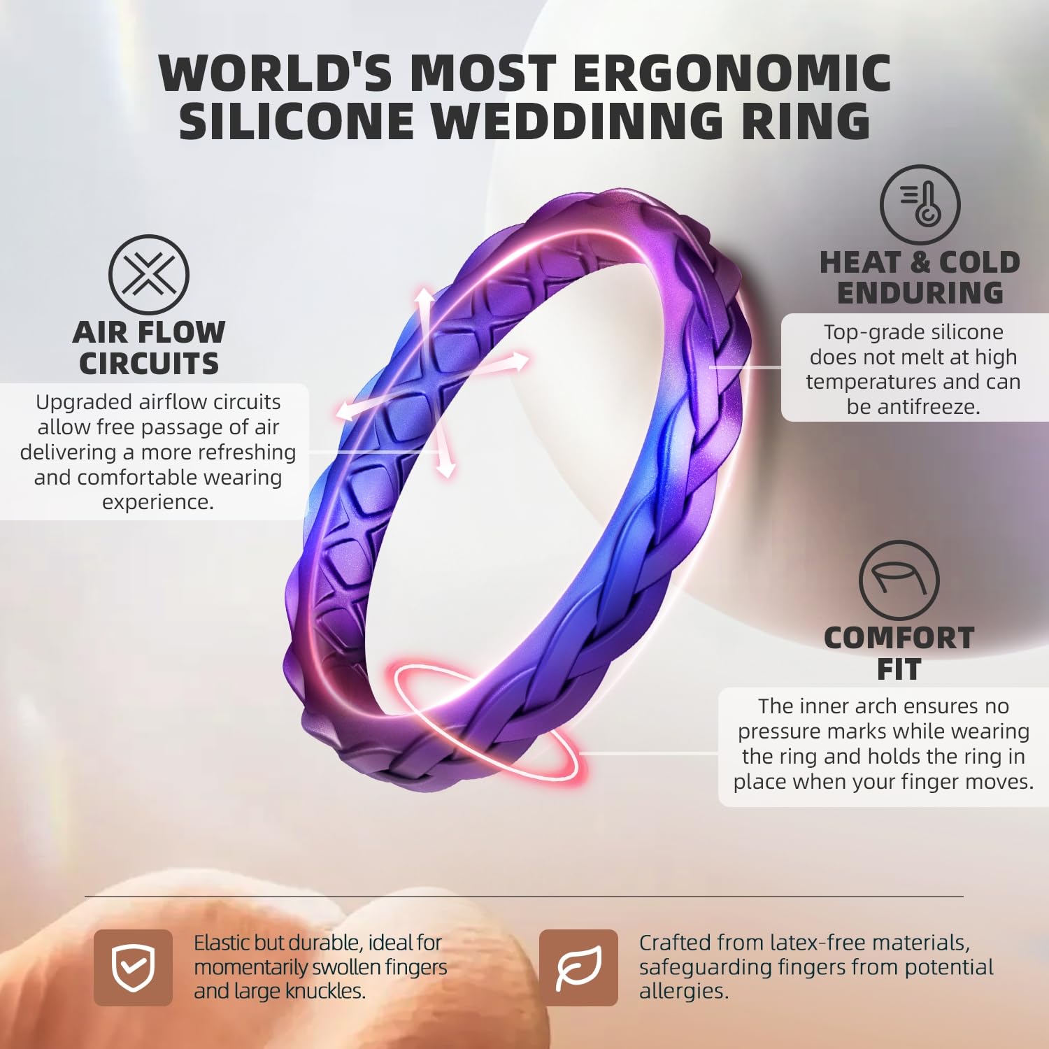 Egnaro Silicone Ring Women, Stackable Braided Rings for Women, Breathable Inner Arc Rubber Rings Women, Unique Design Silicone Wedding Bands Women