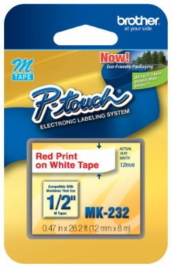 1/2" (12mm) Red on White P-Touch M Tape for Brother PT-55, PT55 Label Maker