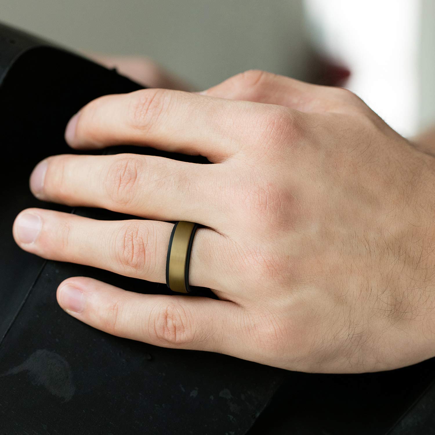 ROQ Silicone Rubber Wedding Ring for Men, Comfort Fit, Men's Wedding Band, Breathable Rubber Engagement Ring/Band, Step Edge, 8mm Wide 2mm Thick, 4 Pack, Black, Silver, Bronze, Size 9
