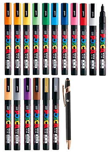 Uni Paint Marker Poster Color 17 Marking Pen Fine Point PC-3M 15 Standard & Gold,Silver Set With Kanji LOVE Sticker