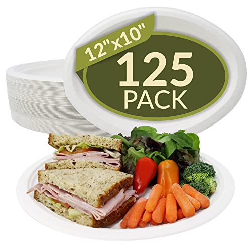Reli. Compostable Oval Paper Plates, 12 Inch (125 Count) | White, Large Paper Plates | Heavy Duty, Disposable | Disposable Platters (12x10) | Made of Sugarcane Fibers, Bagasse- Biodegradable