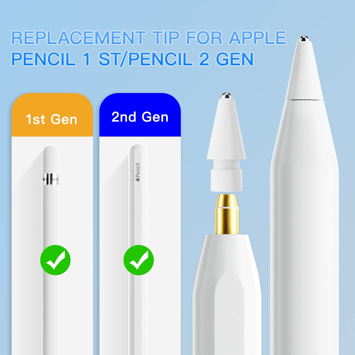 Apple Pencil Replacement Tips - Qreninv Upgraded Nibs Compatible with Apple Pencil 1st/2nd Generation, Precise Control, Penlike Metal Nib Wear [2 Pack]