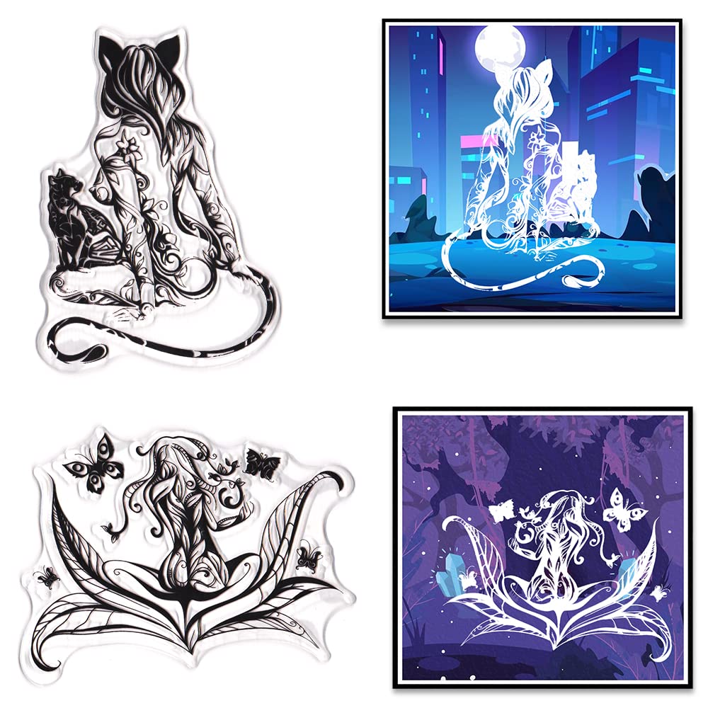 Hying 2PCS Leopard Girl Clear Stamps for Card Making, Tattoo Artistic Panther Catwoman Transparent Rubber Stamps for Bullet Journal DIY Scrapbook Decoration Handmade Crafts Notebook