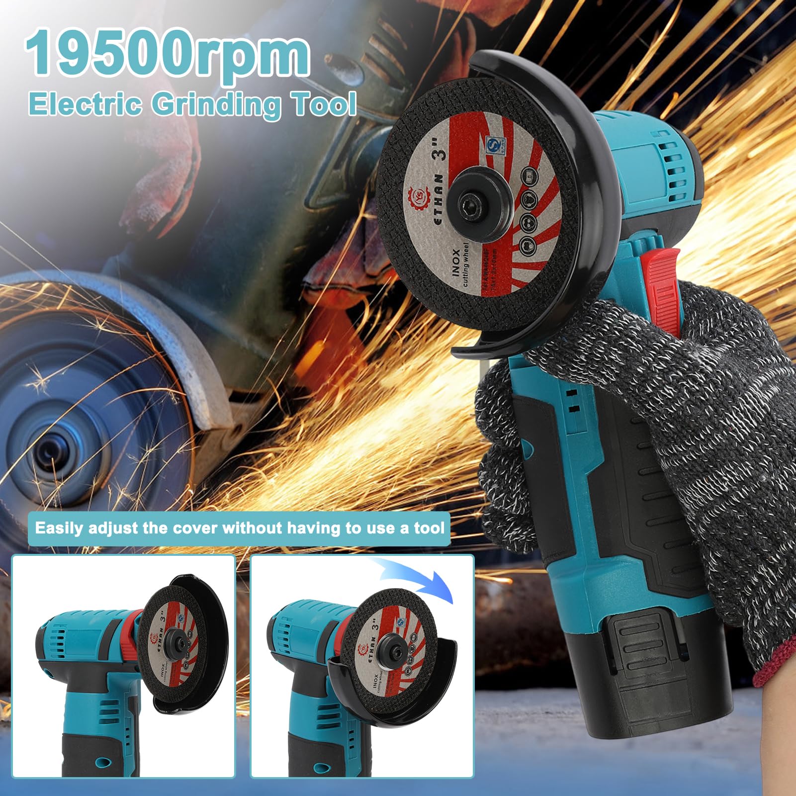 GIFZES 12V Cordless Angle Grinder Kit,3-Inch Battery Powered Angle Grinder Brushless,19500rpm Electric Grinding Tool Mini Grinder Handheld Cutter with 2pcs 1500mAh Batteries and 2 Cutting Discs