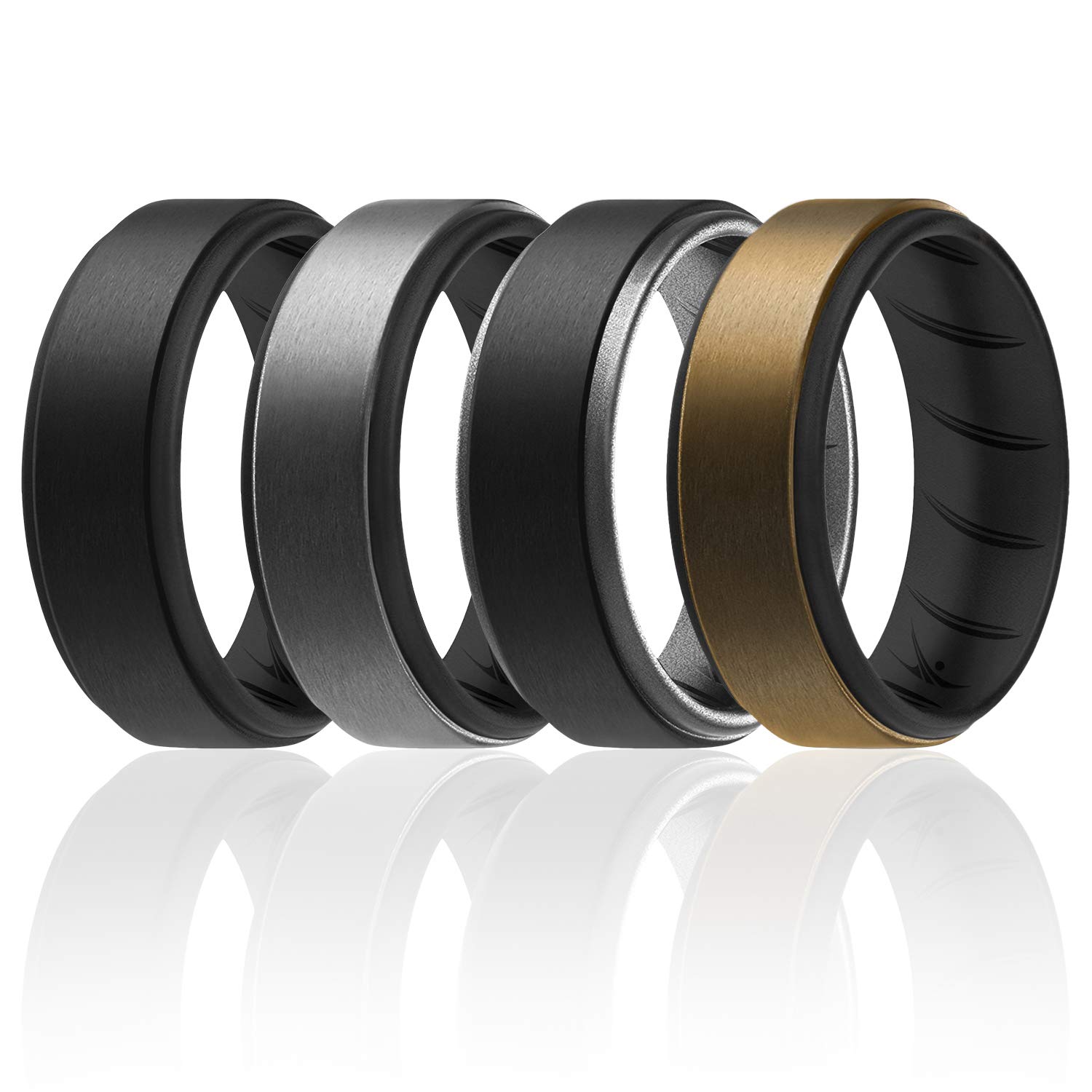 ROQ Silicone Rubber Wedding Ring for Men, Comfort Fit, Men's Wedding Band, Breathable Rubber Engagement Ring/Band, Step Edge, 8mm Wide 2mm Thick, 4 Pack, Black, Silver, Bronze, Size 9