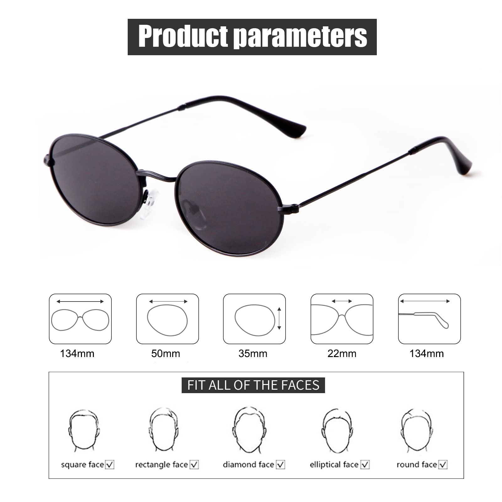 JUDOO Oval Sunglasses for Women Men Vintage 90s Metal Frame Black Glasses