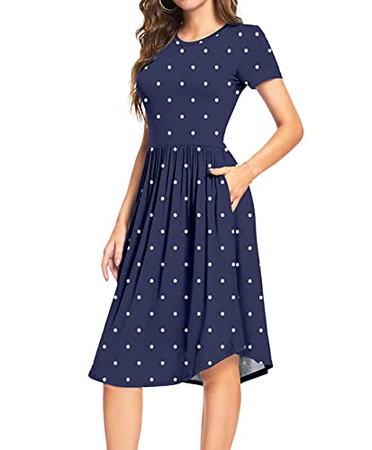 YUNDAI Ladies Knit Cotton Polka Dot Teacher Flowy Swing Knee Length Dress Medium, Dot Navy