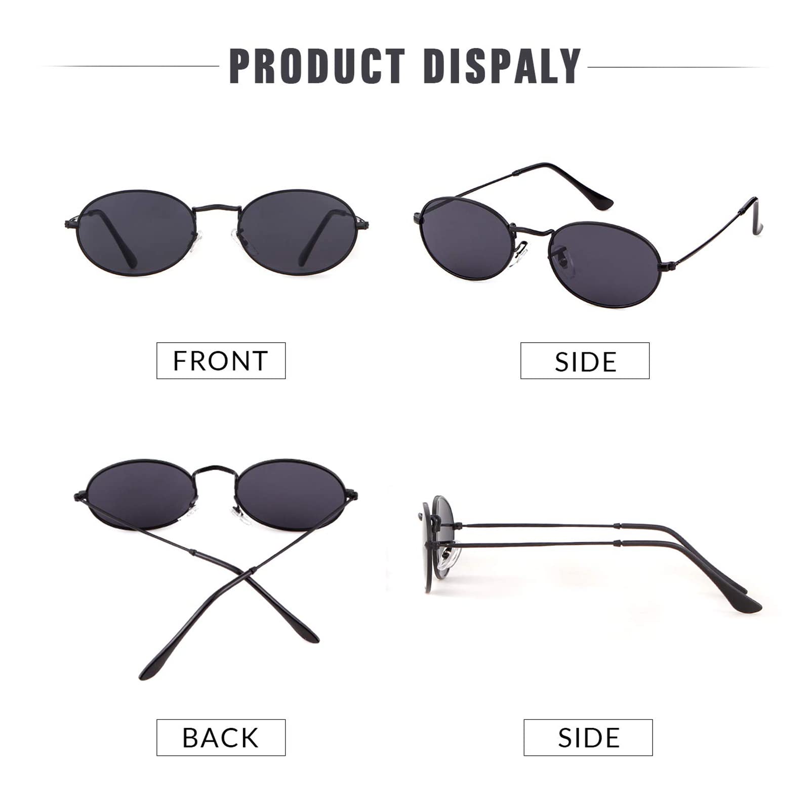 JUDOO Oval Sunglasses for Women Men Vintage 90s Metal Frame Black Glasses