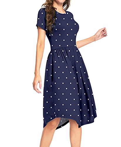 YUNDAI Ladies Knit Cotton Polka Dot Teacher Flowy Swing Knee Length Dress Medium, Dot Navy