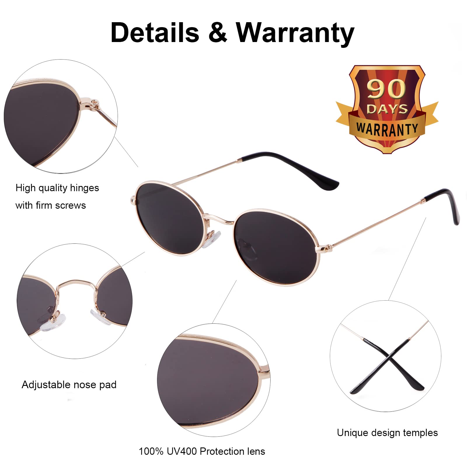 JUDOO Oval Sunglasses for Women Men Vintage 90s Metal Frame Black Glasses