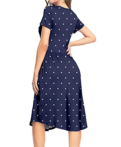 YUNDAI Ladies Knit Cotton Polka Dot Teacher Flowy Swing Knee Length Dress Medium, Dot Navy