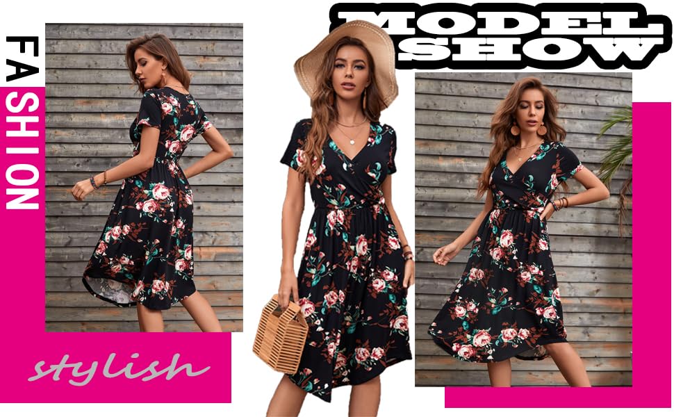 YUNDAI Ladies Knit Cotton Polka Dot Teacher Flowy Swing Knee Length Dress Medium, Dot Navy