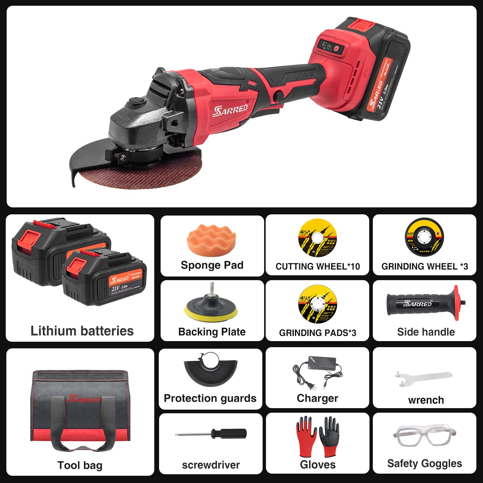 SARRED Brushless Angle Grinder 5 & 4-1/2 inch Cordless Power Grinder Grinding Tool with 2 3.0Ah Battery,7/8-Inch Arbor,Includes 16 Grinding Wheels