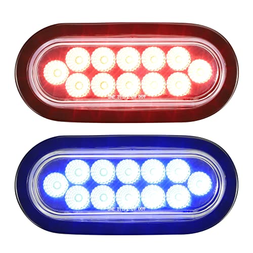 Partsam 2Pcs 6.7 Inch Oval Red Stop Turn Tail Lights and Blue Auxiliary Lights Kit 12 Diodes w/Rubber Grommets & 3-Prong Wire Pigtails Red/Blue Oval Led Truck Trailer Tail Lights and Auxiliary Lights
