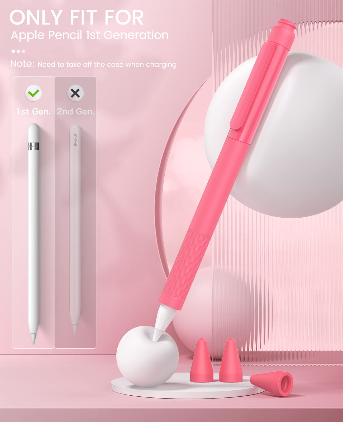 MoKo Silicone Pencil Sleeve for Apple Pencil 1st Generation, Lightweight Apple Pencil Silicone Cover Anti-Slip Grip iPad Pencil Holder with Clip, 3 Nips, Watermelon Red