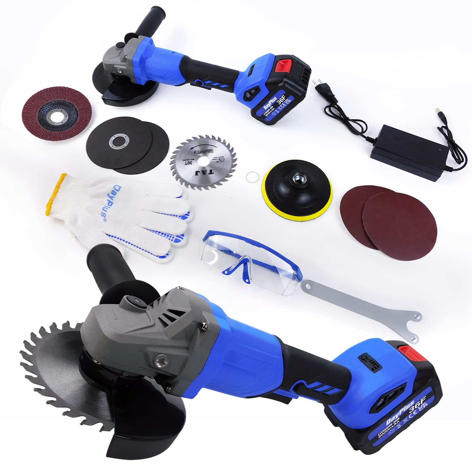 21V Brushless Battery Powered Angle Grinder Tool Kit, 1000 RPM Brushless Motor Cordless Grinder with Cutting Wheels & 1300 mAh Lithium-ion Battery and Fast Charger for Grinding Cutting