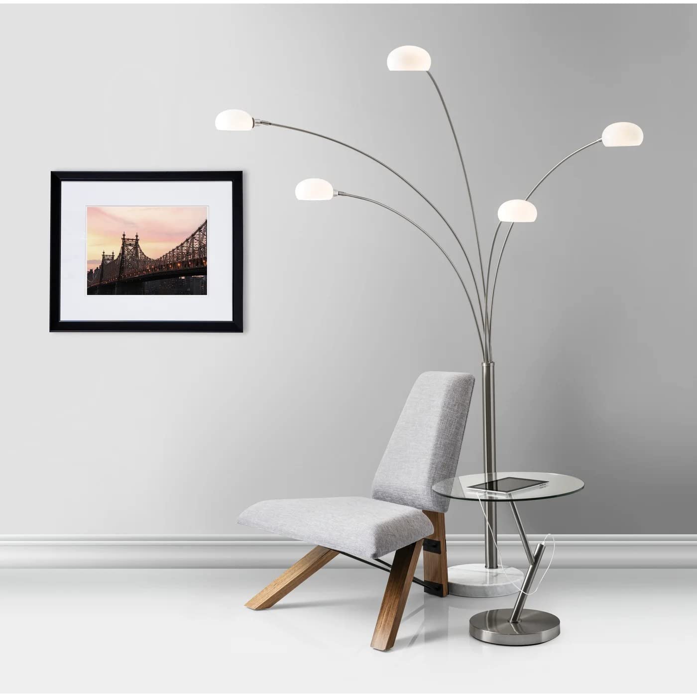 Adesso 3346-22 Luna Arc Lamp, 86 in, 5 x 40W Candelabra, Brushed Steel, 1 Floor Lamp , White