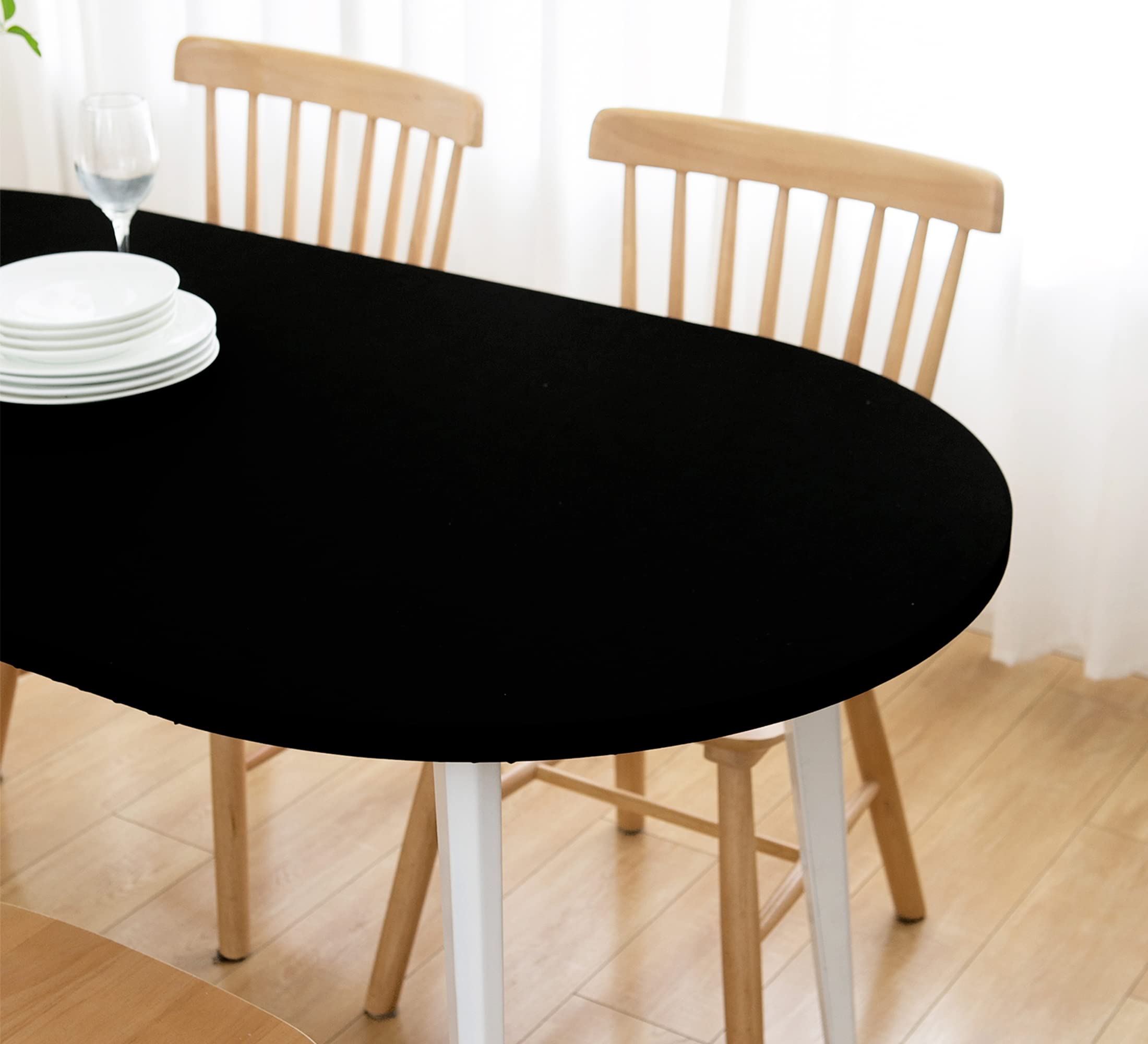 Wolkemer Fitted Oval Tablecloth Spandex Stretch Black Cocktail Table Cover Elastic Edge Topper Cap for Dining Wedding Party Picnic 48 x 72 Inch