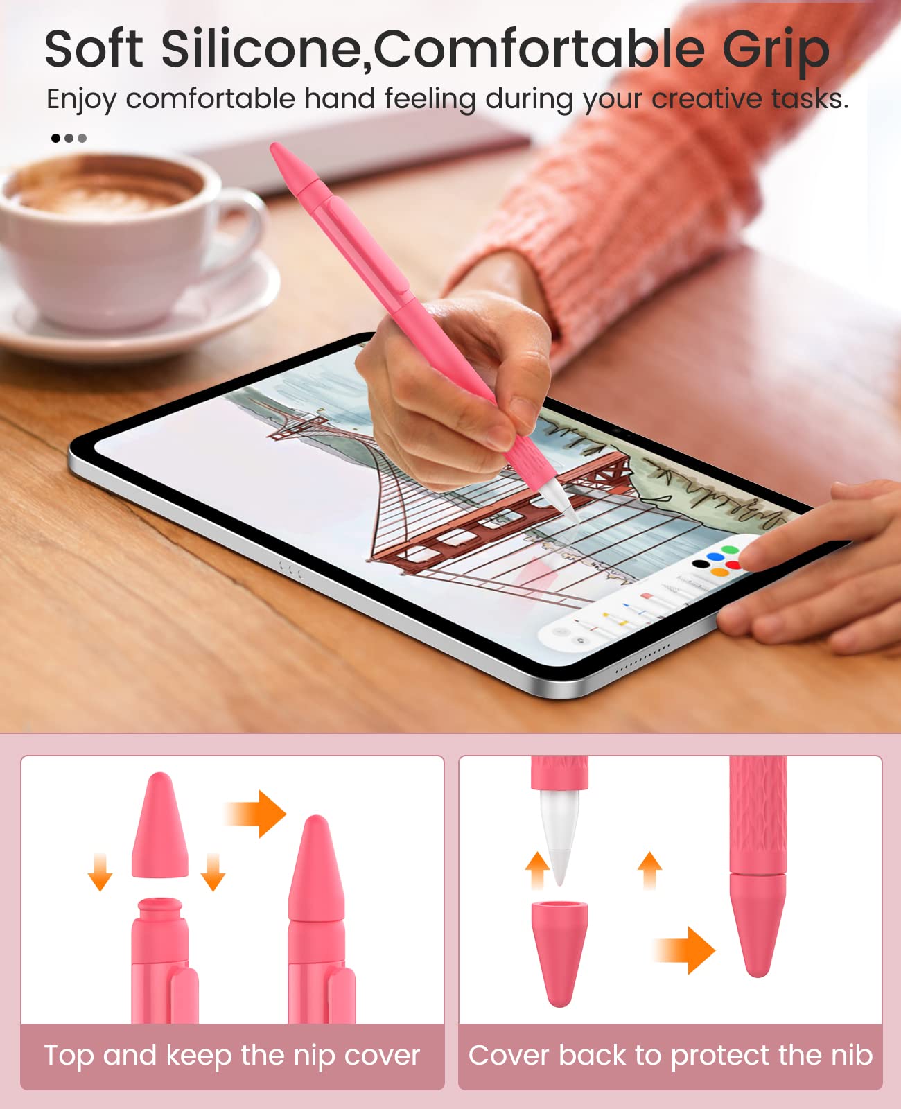 MoKo Silicone Pencil Sleeve for Apple Pencil 1st Generation, Lightweight Apple Pencil Silicone Cover Anti-Slip Grip iPad Pencil Holder with Clip, 3 Nips, Watermelon Red