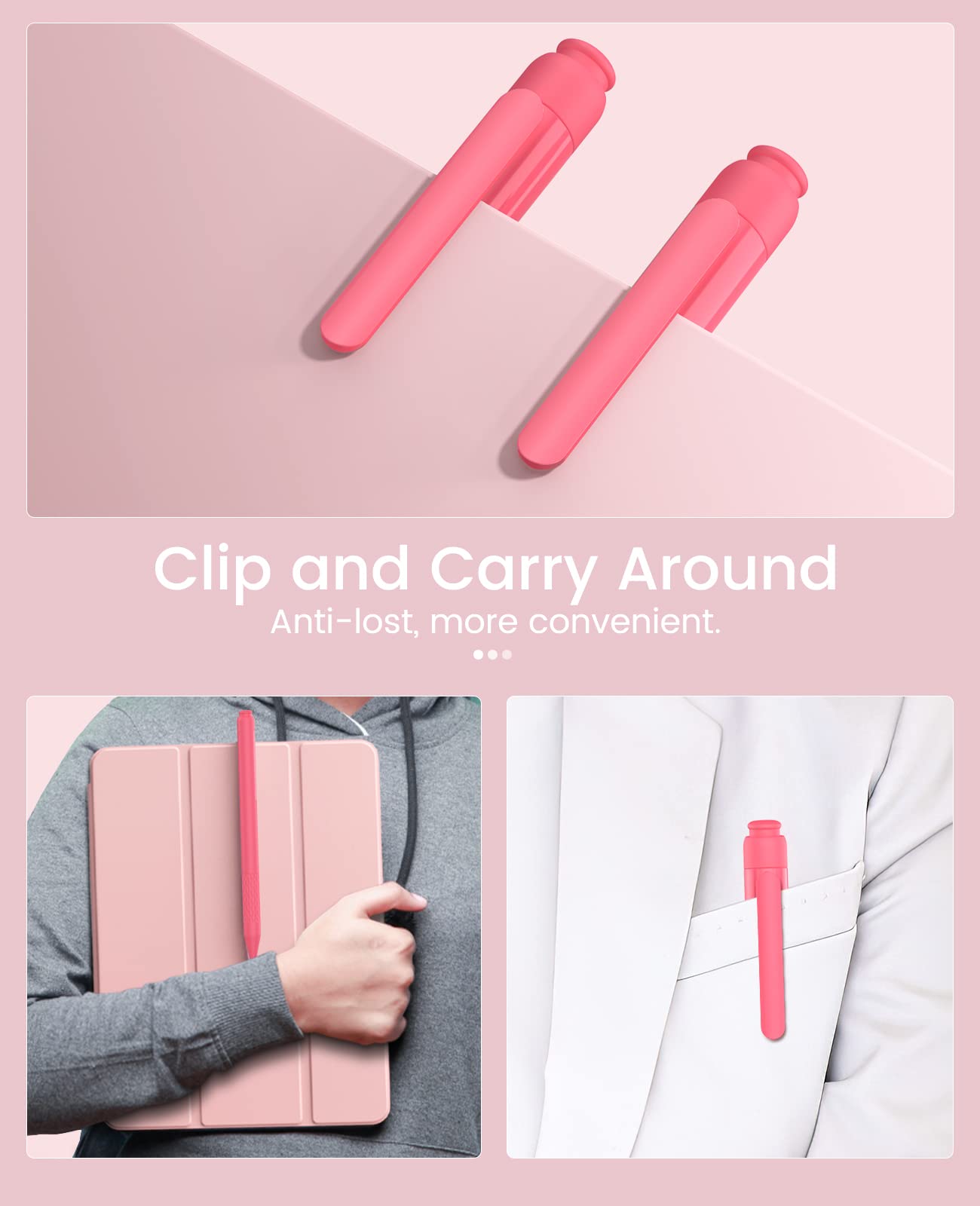 MoKo Silicone Pencil Sleeve for Apple Pencil 1st Generation, Lightweight Apple Pencil Silicone Cover Anti-Slip Grip iPad Pencil Holder with Clip, 3 Nips, Watermelon Red