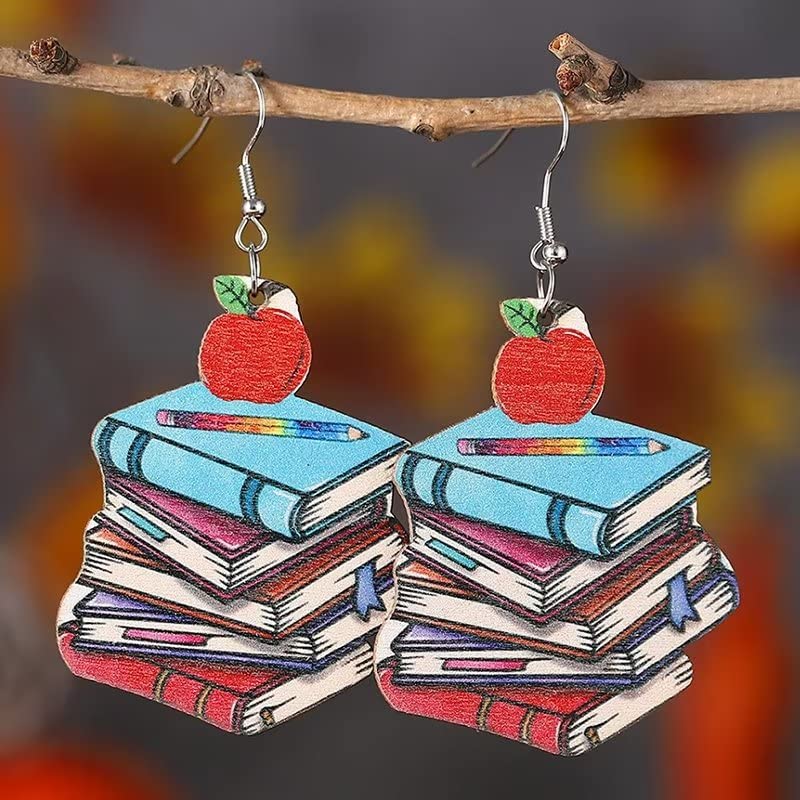 Leopard Lightning Teacher Earrings Teacher Letter Earrings Double sided Wooden Earrings Teacher Gift Book Pencil Apple Wooden Earrings Gift