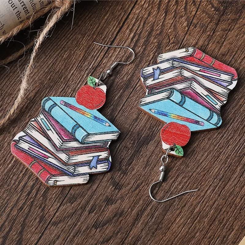 Leopard Lightning Teacher Earrings Teacher Letter Earrings Double sided Wooden Earrings Teacher Gift Book Pencil Apple Wooden Earrings Gift