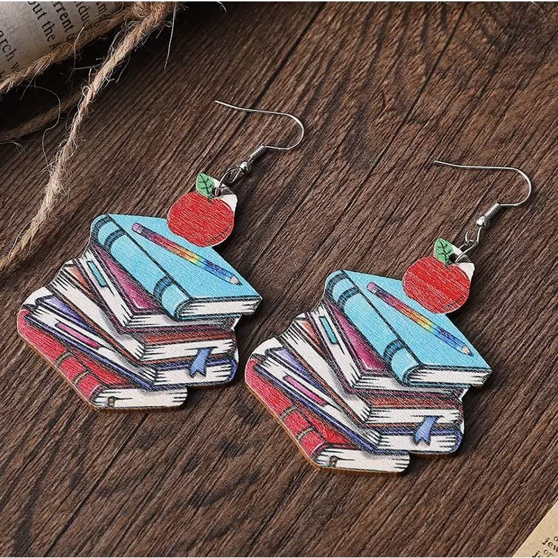 Leopard Lightning Teacher Earrings Teacher Letter Earrings Double sided Wooden Earrings Teacher Gift Book Pencil Apple Wooden Earrings Gift