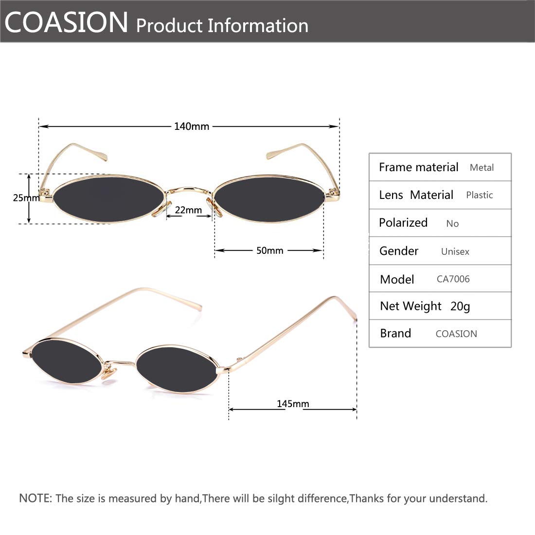 COASION Vintage Small Oval Aesthetic Sunglasses Retro for Women Men Hippie Cool Metal Frame Sun Glasses (Gold Frame/Black Lens)