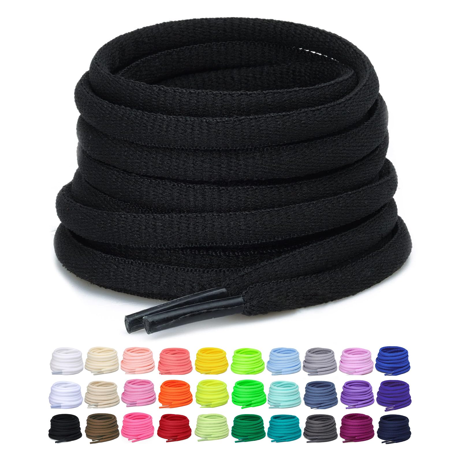 Puzeam 2 Pairs Oval Athletic Shoelaces 30 Colors 1/4" Half Round Shoe Laces for Sneakers - Black 60