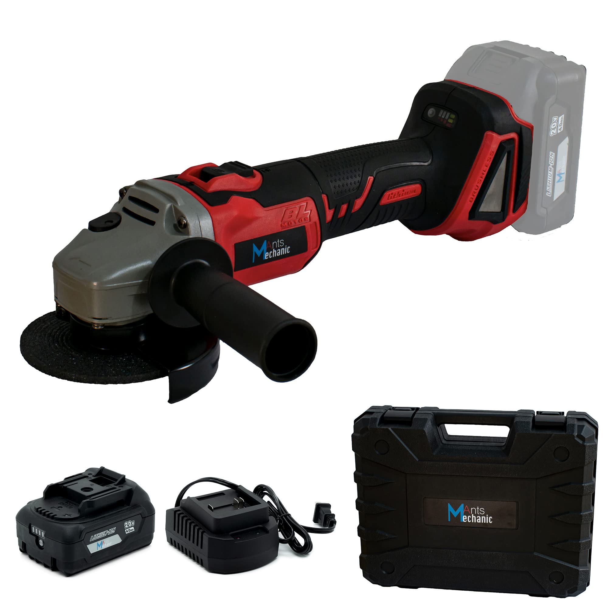 MechanicAnts 20V Cordless Angle Grinder, fit 4" discs with 5/8" arbor hole (M10 x 1.5mm thread shank),Metal & wood Cut Off Tool/Polish Tool With 4.0Ah Battery & Quick Charger