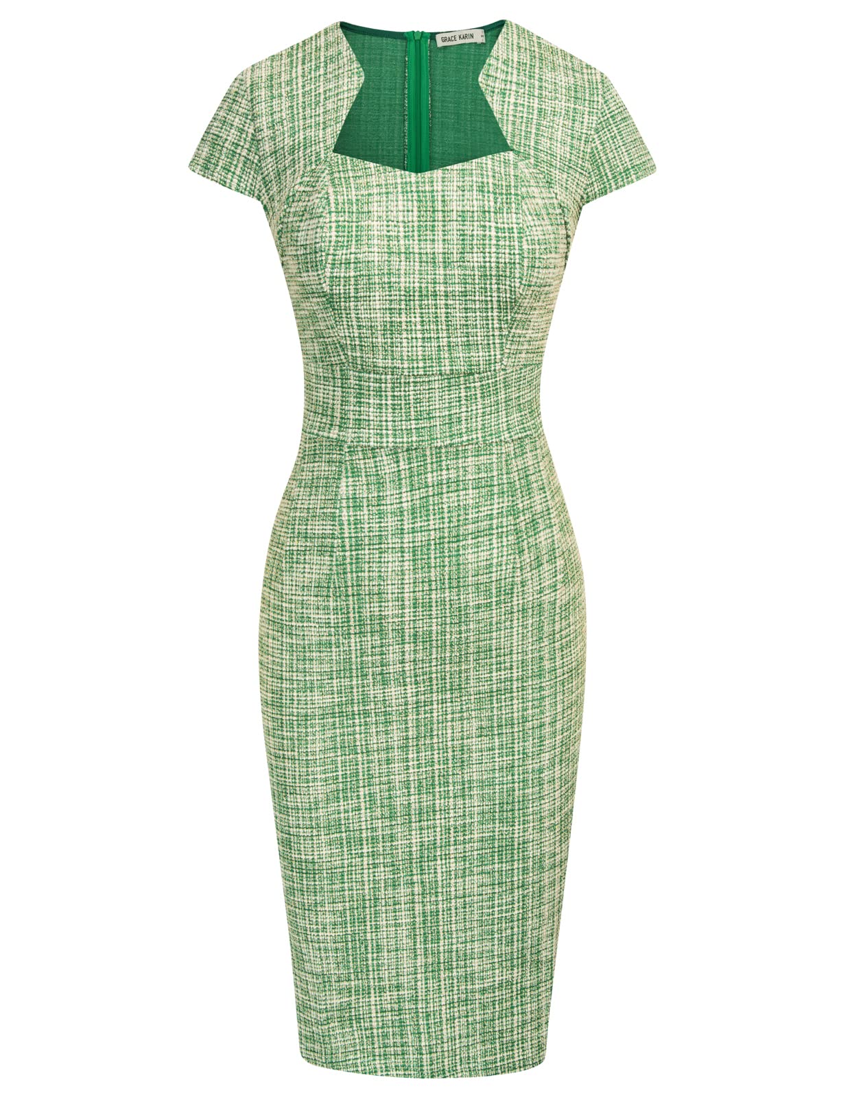 Women's Wear to Work Dresses Vintage Tweed Cap Sleeve Pencil Dress Green (Plaid)