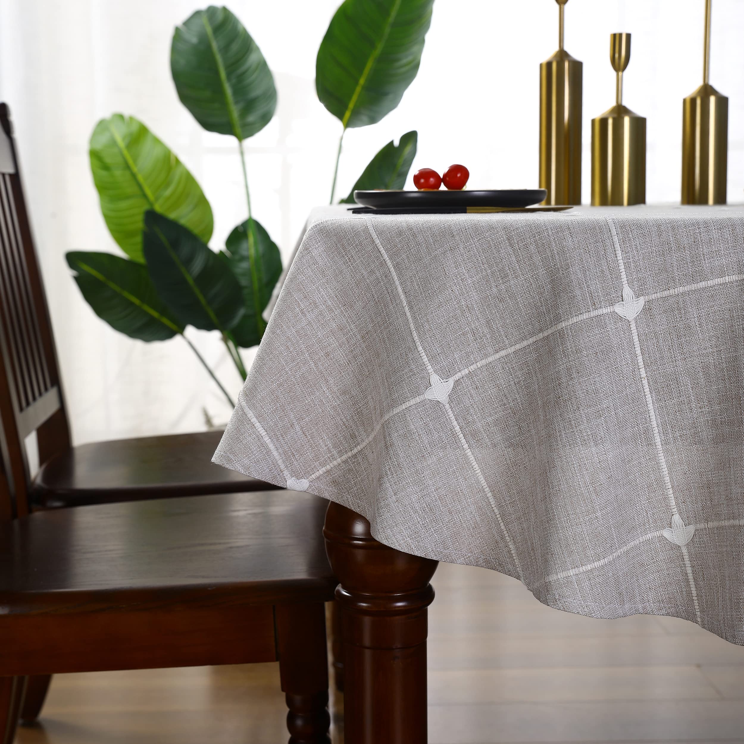 QsyyHome Lattice Oval Tablecloth Rustic Embroidery Cotton Linen Fabric Brown Checkered Table Cover Tablecloths for Kitchen Dining Party Tabletop Decoration 60 x 84 inches