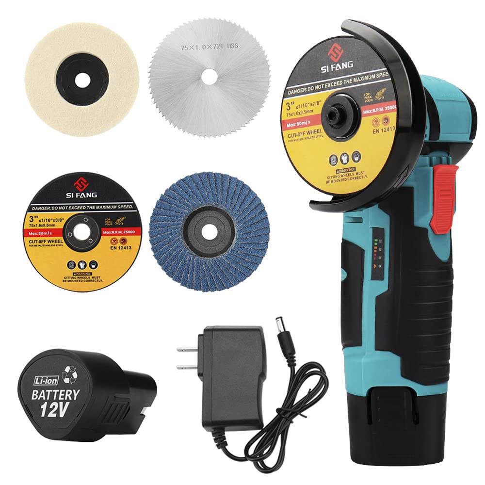 SI FANG 3 Inch Mini Angle Grinder Cut Off Tool Kit, 12V Cordless Electric Rotary Tool Metal Cutter Machine with Charger and Battery, Power Grinders for Fast Cutting-Grinding, Polishing