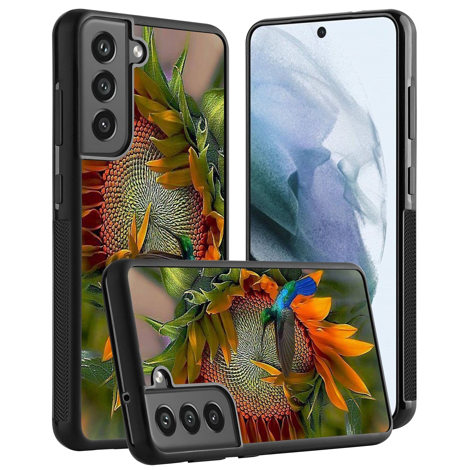 BIAOTEFU Silicone Case Compatible with Samsung Galaxy S21 FE Sunflower and Hummingbird Pattern Shockproof Slim TPU Rubber Material Black Frame Cellphone Mobile Case