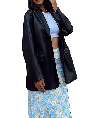 BHMAWSRT Womens Leather Blazer Coat, Long Sleeve Lapel Faux PU Leather Jacket Button Front Trench Coat (Black Blazer, Large)