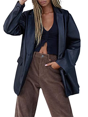 BHMAWSRT Womens Leather Blazer Coat, Long Sleeve Lapel Faux PU Leather Jacket Button Front Trench Coat (Black Blazer, Large)