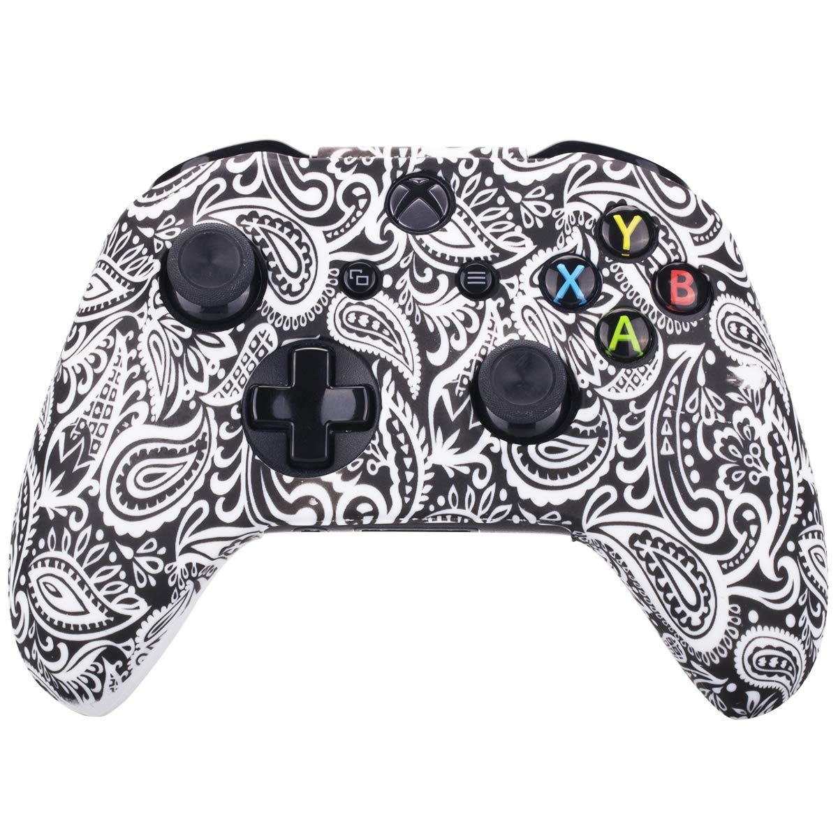 YoRHa Printing Rubber Silicone Cover Skin Case for Xbox One S/X Controller x 1(Flowers&White) with PRO Thumb Grips x 8