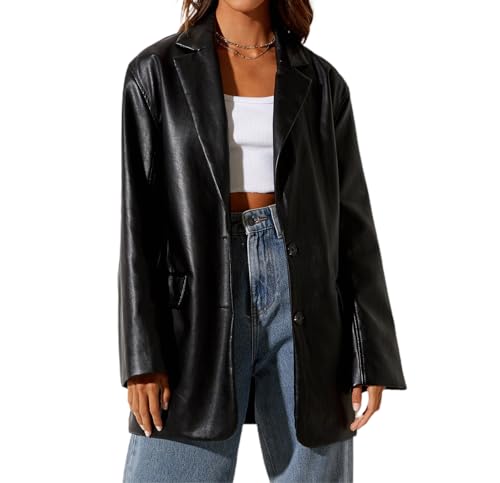 BHMAWSRT Womens Leather Blazer Coat, Long Sleeve Lapel Faux PU Leather Jacket Button Front Trench Coat (Black Blazer, Large)
