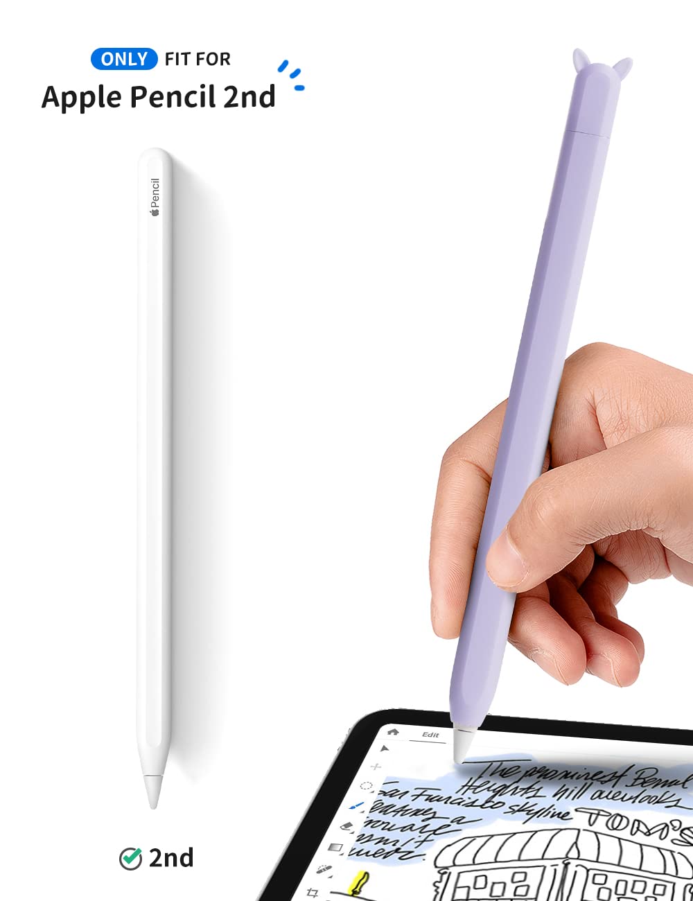 2 Pack Cute Ear Case Silicone Skin Cover Compatible with Apple Pencil 2nd Generation Accessories Compatible with iPad Pro 11 12.9 inch,Purple&Green