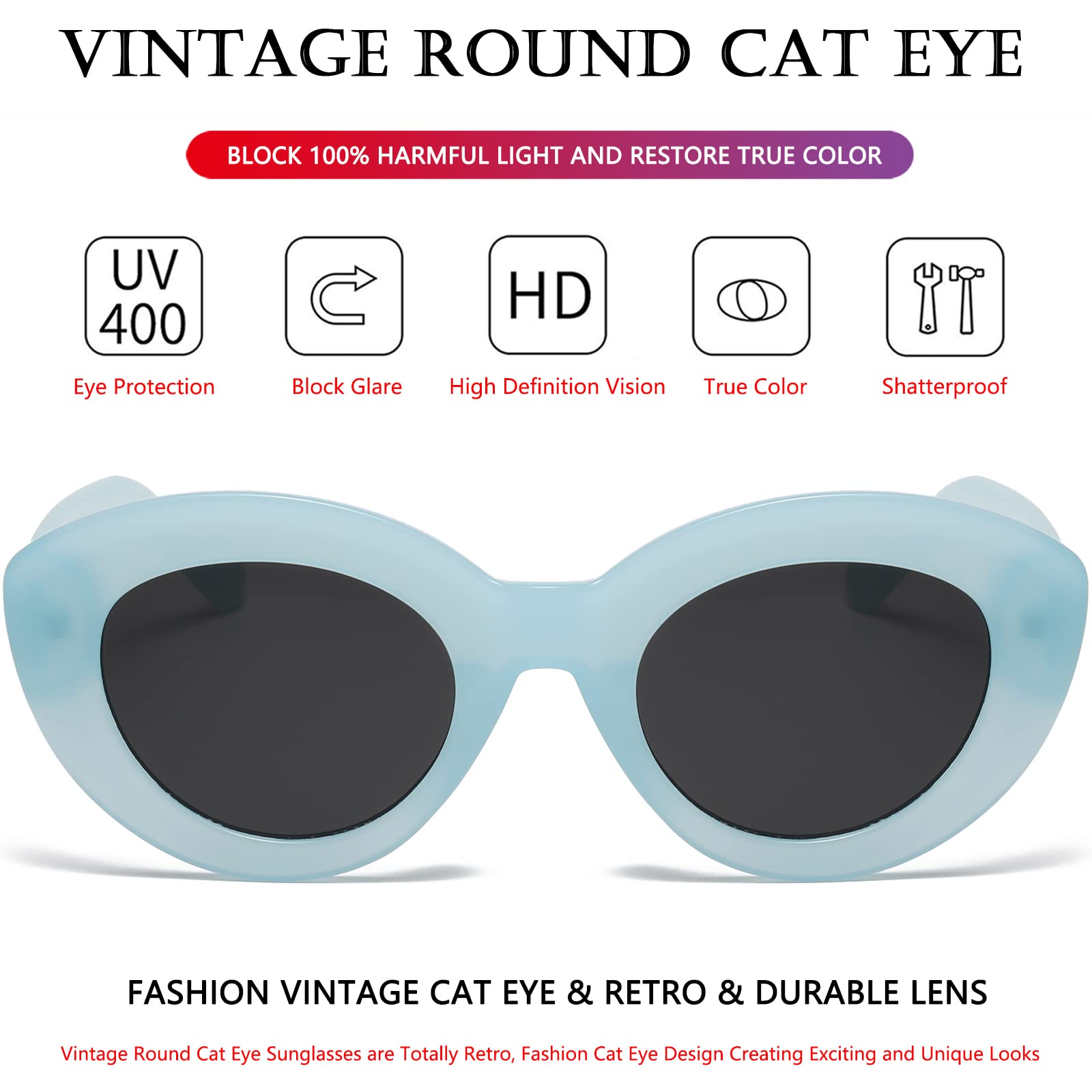 AIEYEZO Oversized Cat Eye Sunglasses for Women Cute Oval Thick Frame Cateye Sun Glasses Chic Retro Style Shades (Blue)