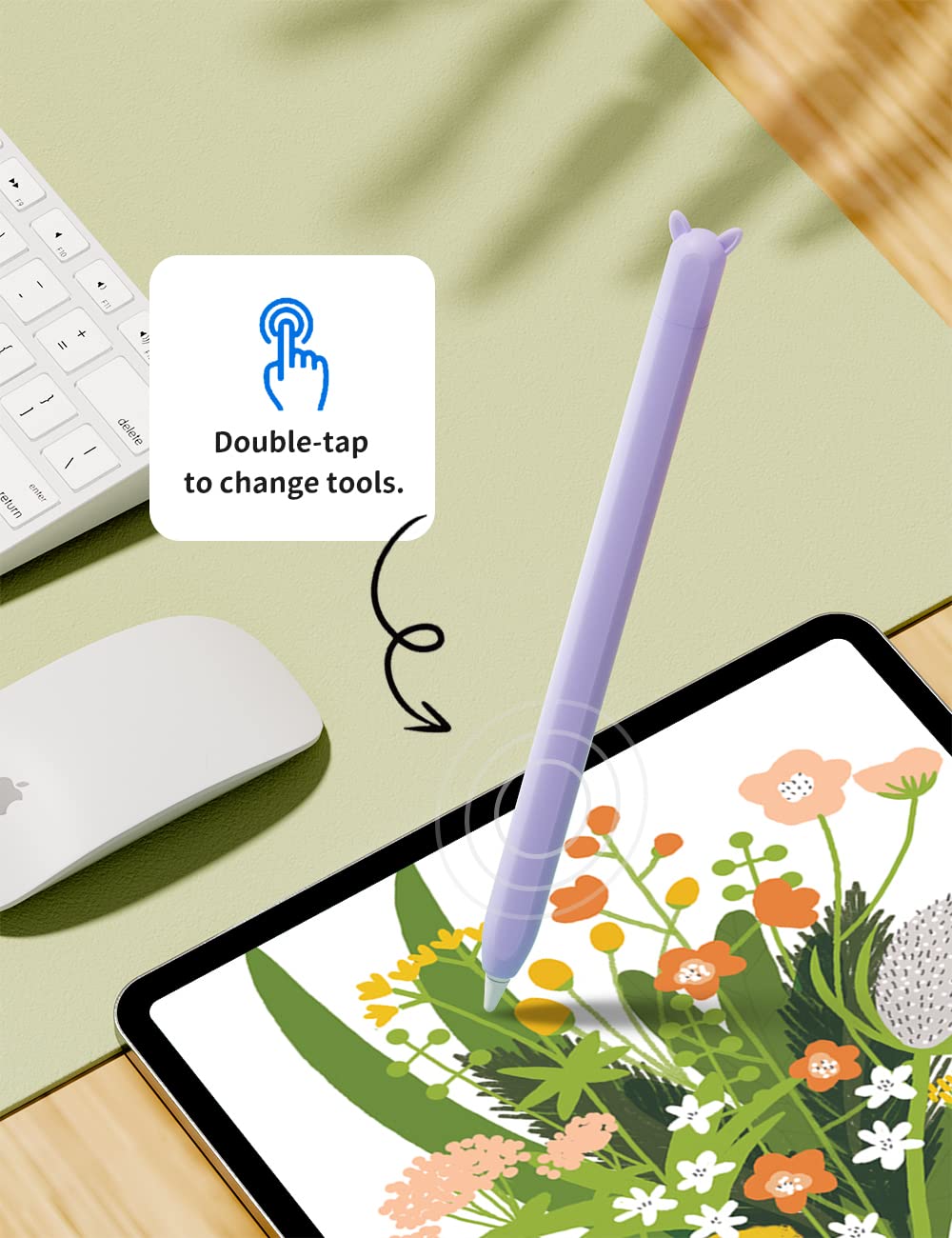 2 Pack Cute Ear Case Silicone Skin Cover Compatible with Apple Pencil 2nd Generation Accessories Compatible with iPad Pro 11 12.9 inch,Purple&Green