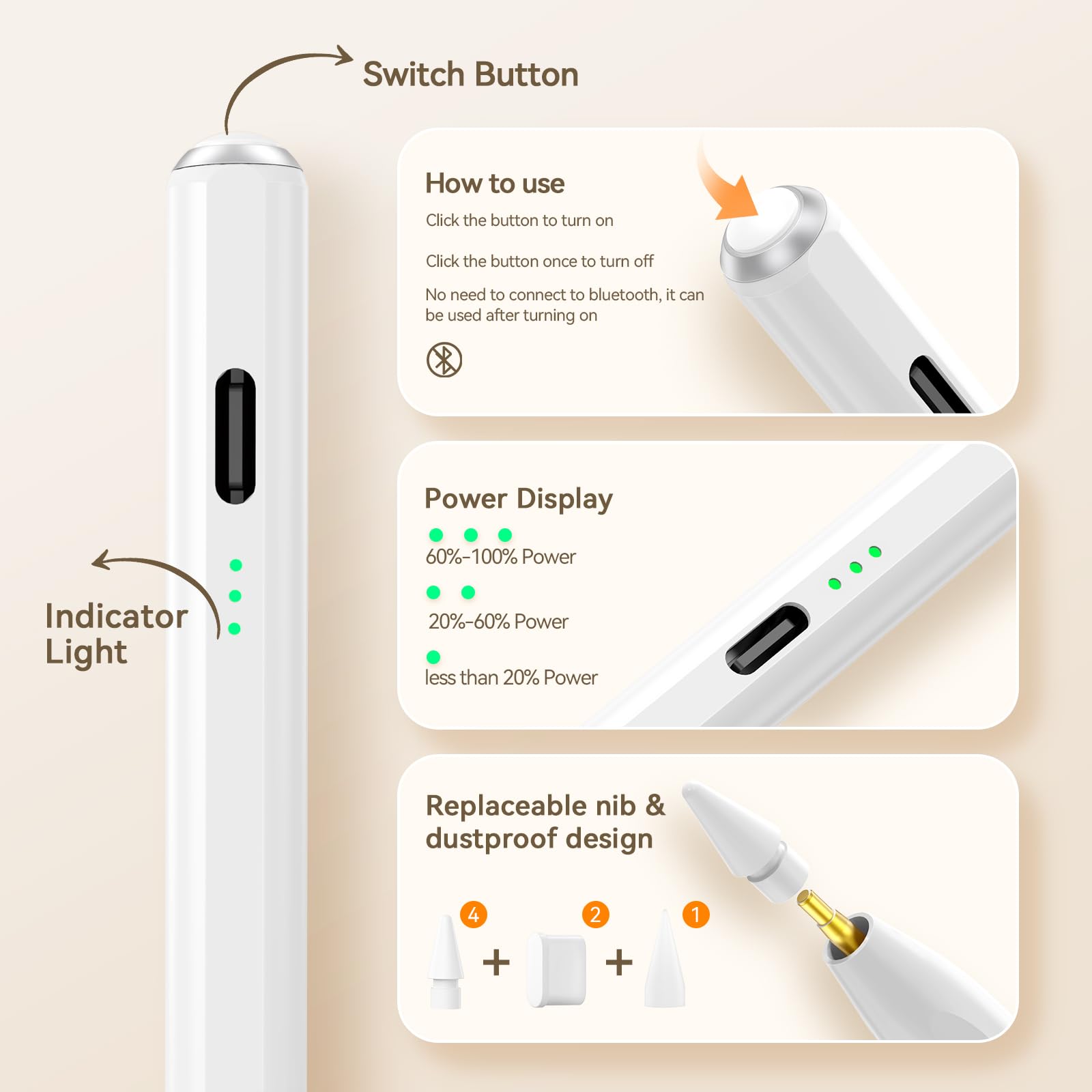 Hastraith Stylus Pen for iPad(2022-2018), 13 mins Fast Charging iPad Pencil, Tilt Sensitivity for Apple iPad 10/9/8/7/6, iPad Air 5/4/3, iPad Pro 12.9/11", iPad Mini 6/5, Cream White