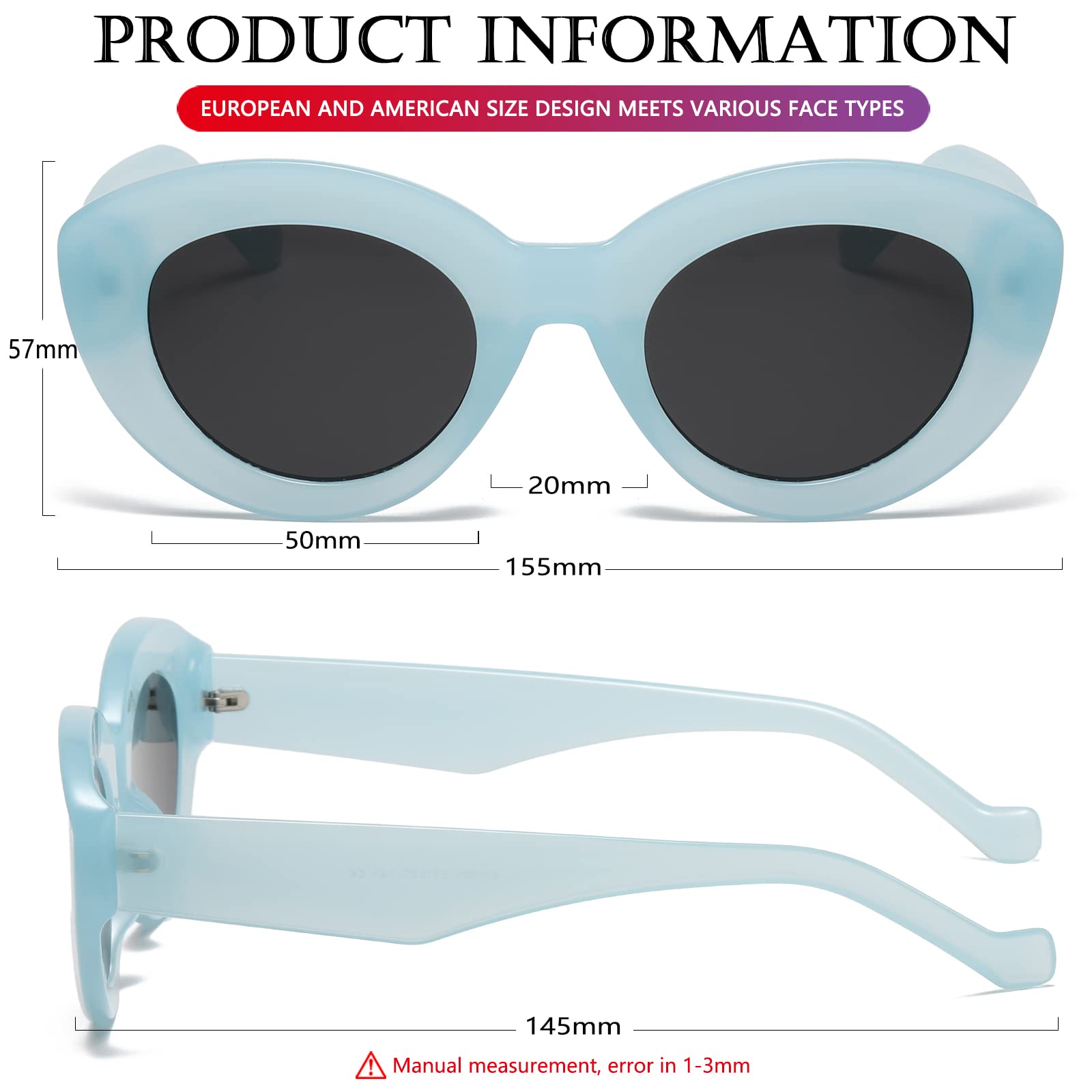 AIEYEZO Oversized Cat Eye Sunglasses for Women Cute Oval Thick Frame Cateye Sun Glasses Chic Retro Style Shades (Blue)