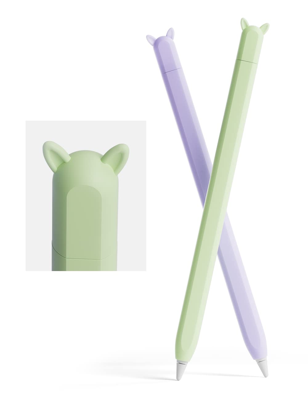 2 Pack Cute Ear Case Silicone Skin Cover Compatible with Apple Pencil 2nd Generation Accessories Compatible with iPad Pro 11 12.9 inch,Purple&Green